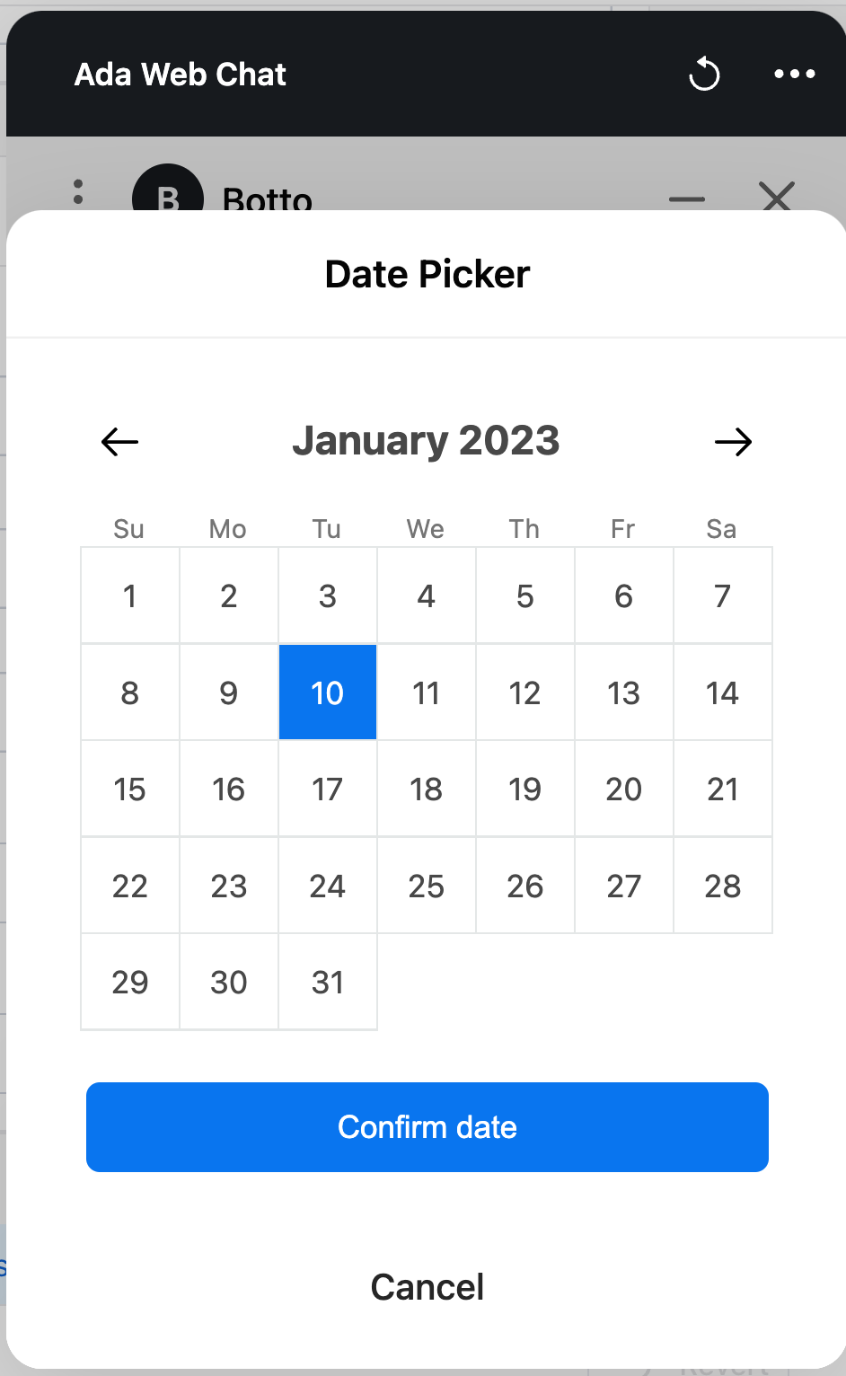 Let chatters select dates using the Date Picker app | Ada | Documentation