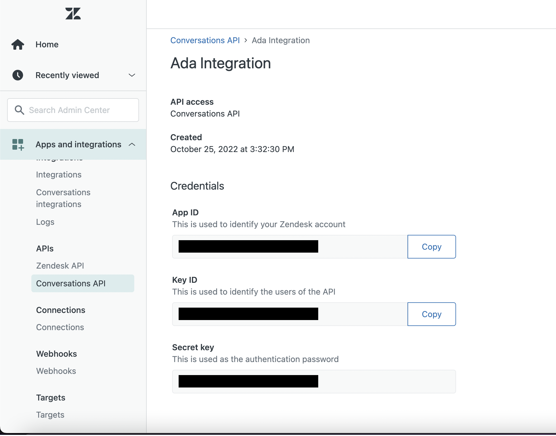 Configure and use Sunshine Conversations | Ada | Documentation