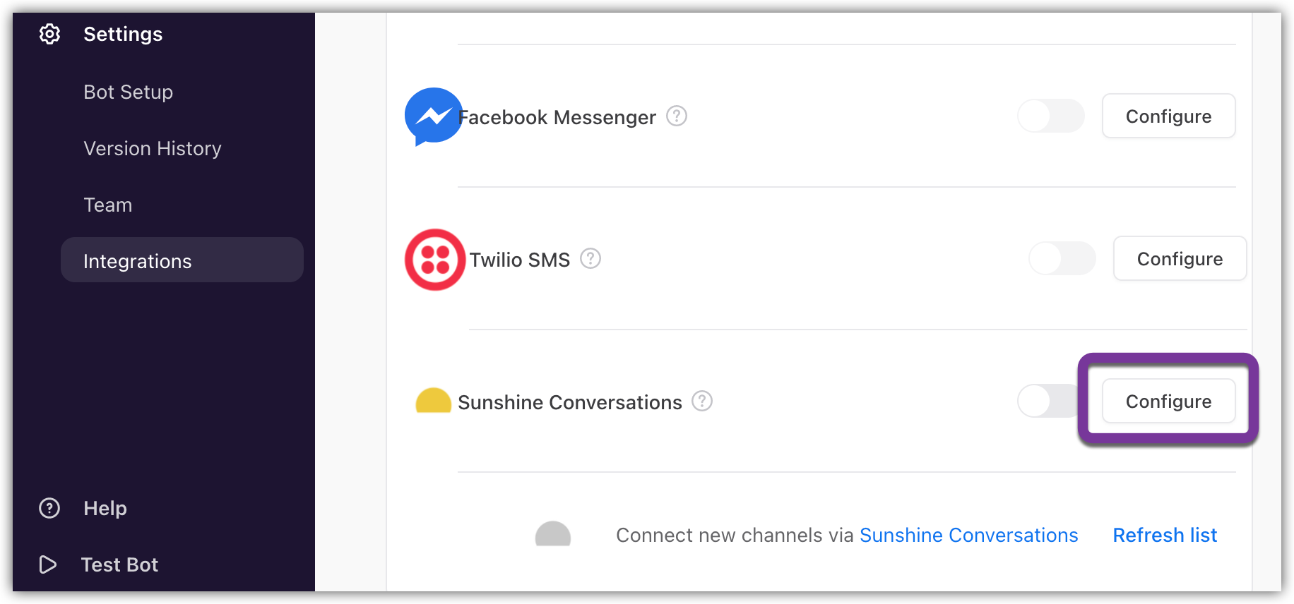 Configure and use Sunshine Conversations | Ada | Documentation