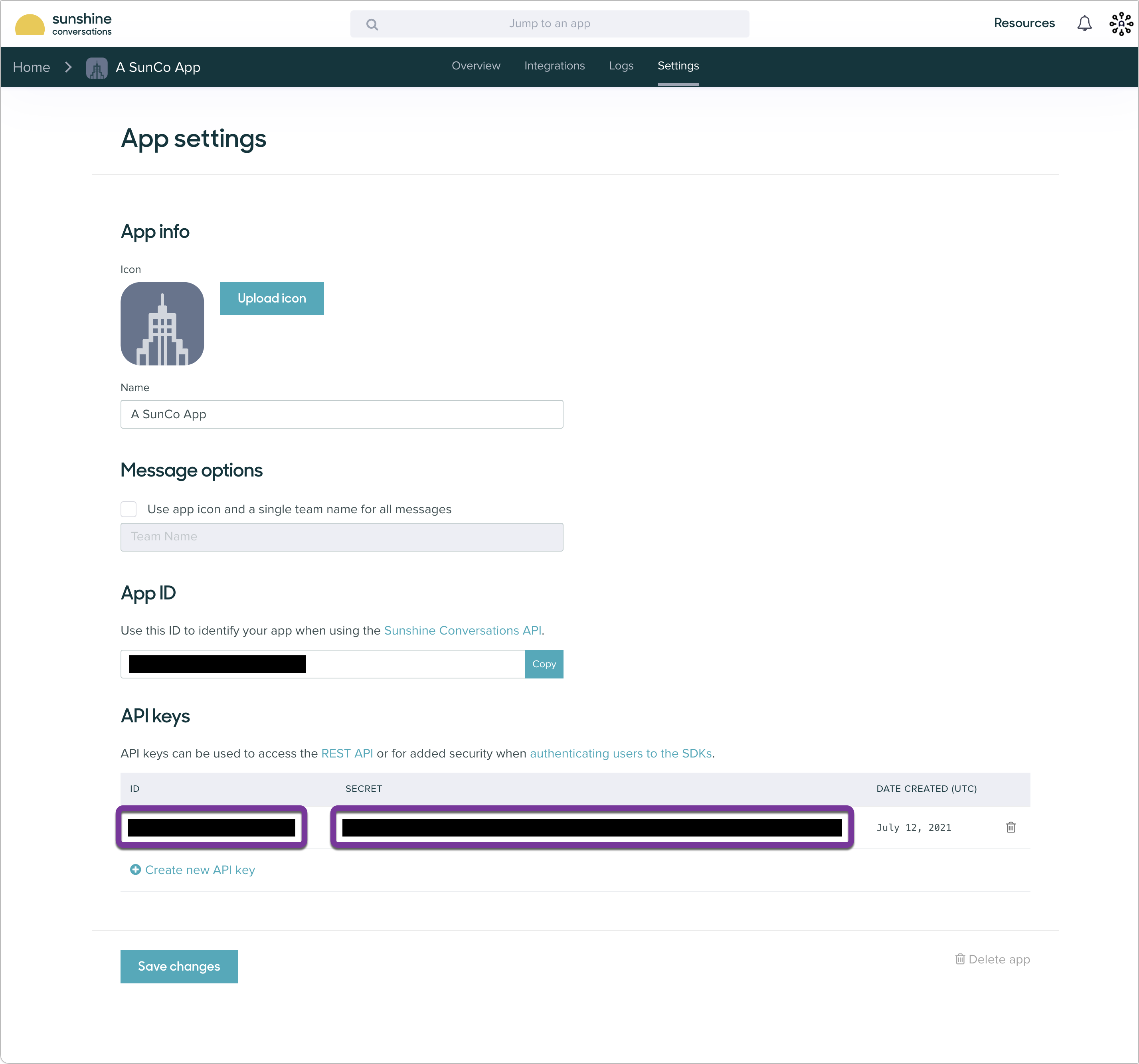 Configure and use Sunshine Conversations | Ada | Documentation