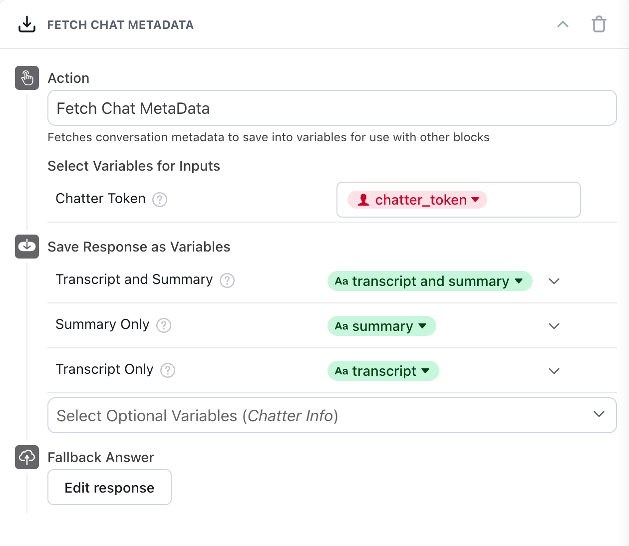 Generate a chat transcript using the Fetch Chat Metadata block | Ada | Documentation