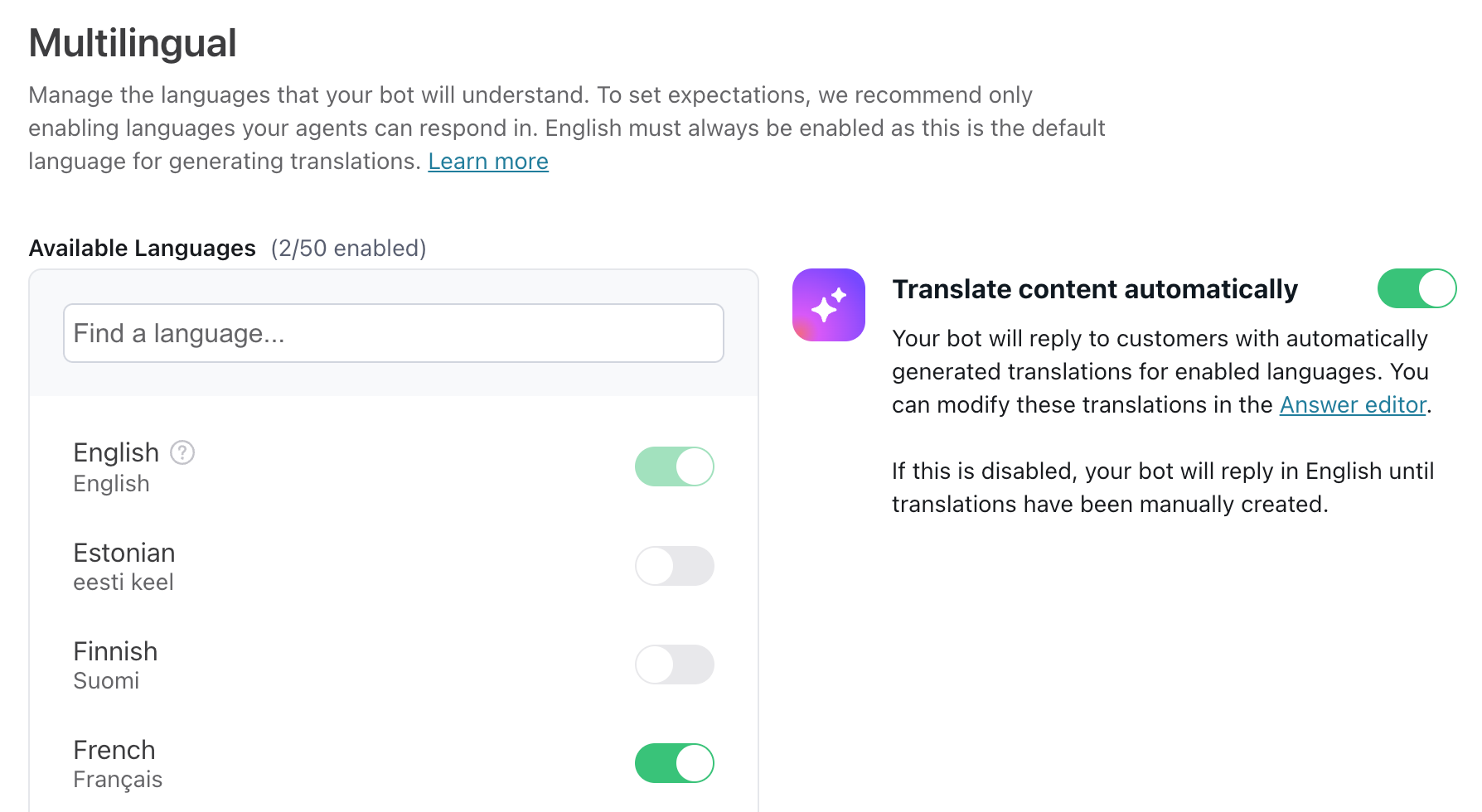 Support multiple languages in the same bot | Ada | Documentation