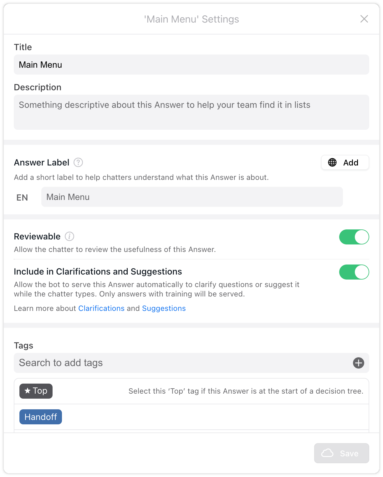Manage Answer settings | Ada | Documentation