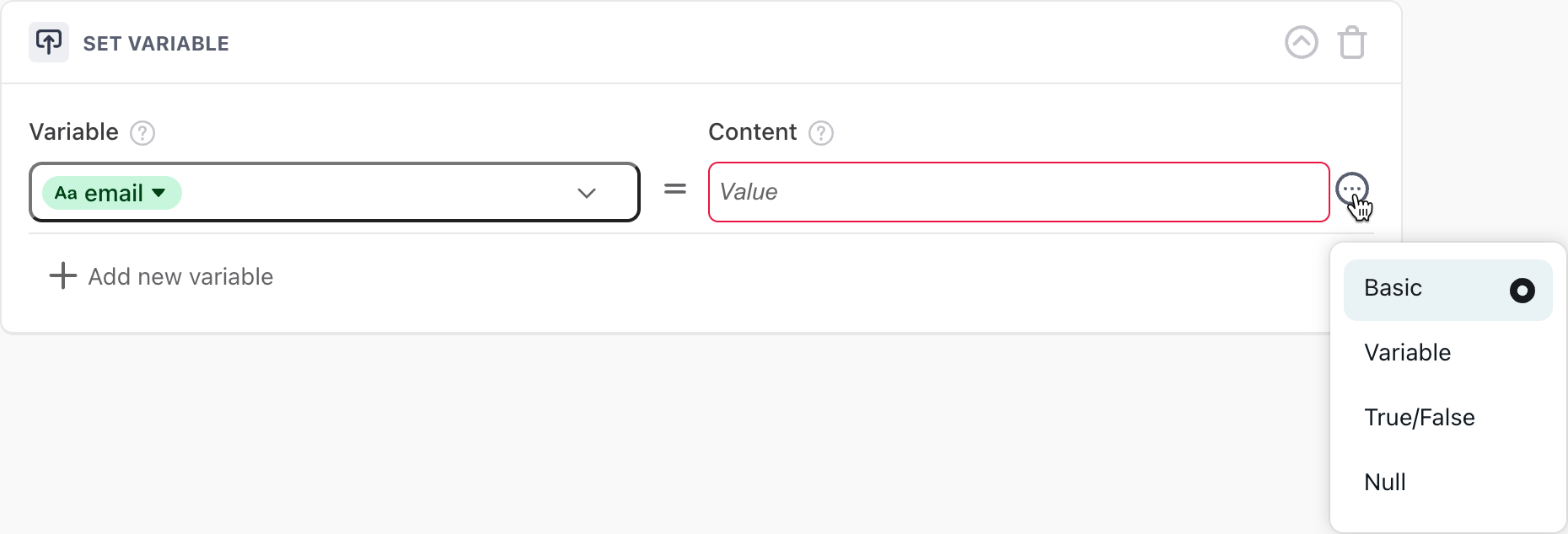 Save content in variables using the Set Variable block | Ada | Documentation
