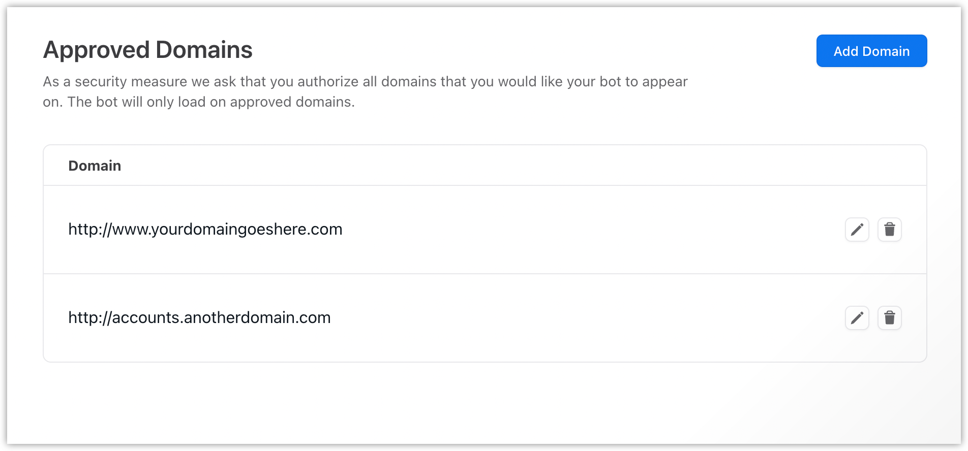 Restrict your bot to a list of approved domains | Ada | Documentation