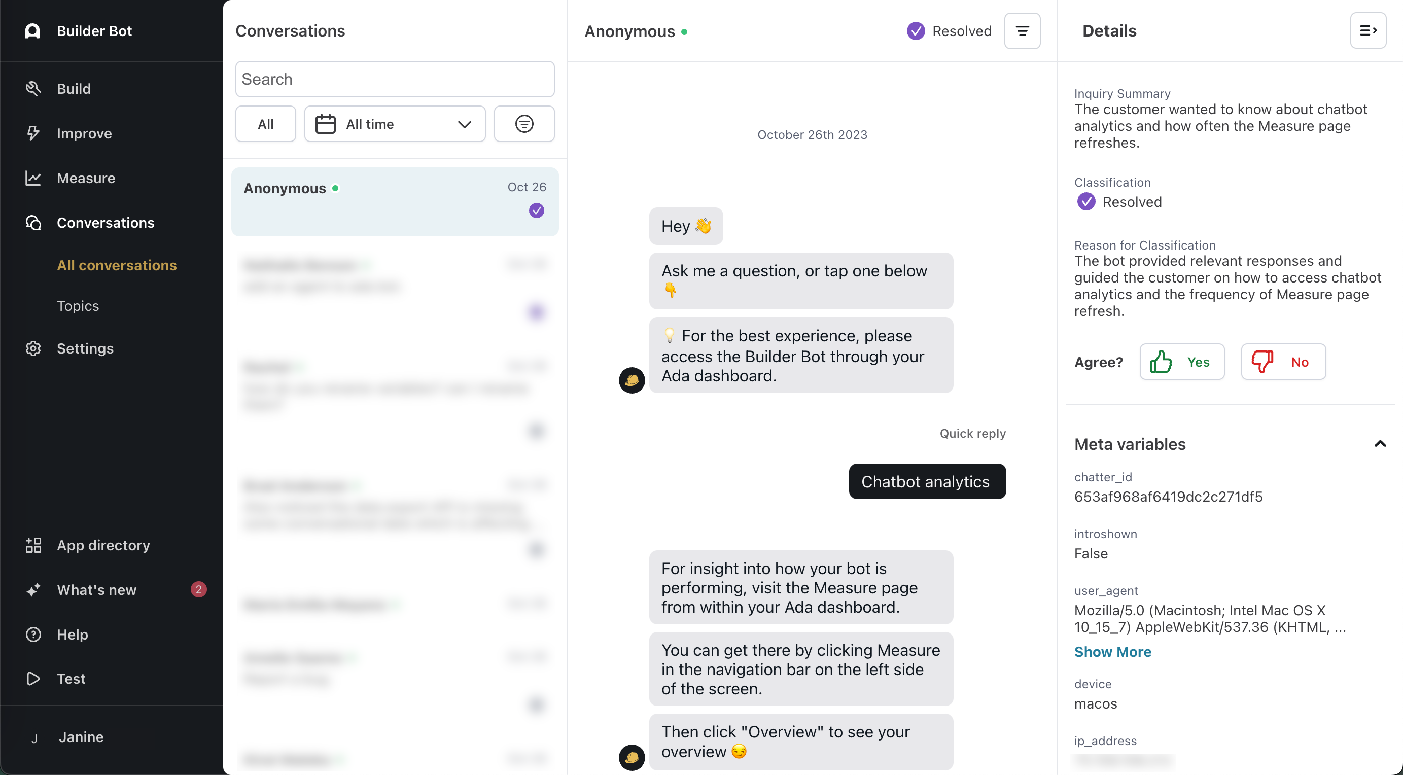 View past chatter conversations | Ada | Documentation