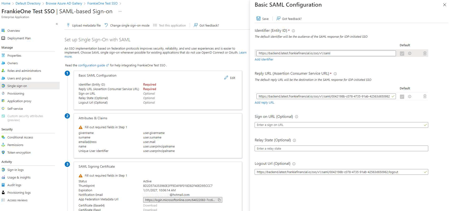 Managing Your Azure SAML Single Sign-On (SSO) Setup (v2.0.0) — FrankieOne | Documentation