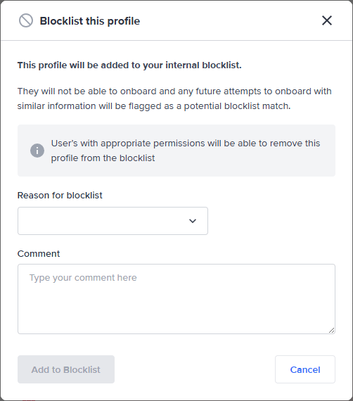 Add and remove an entire profile from an internal blocklist | FrankieOne | Documentation