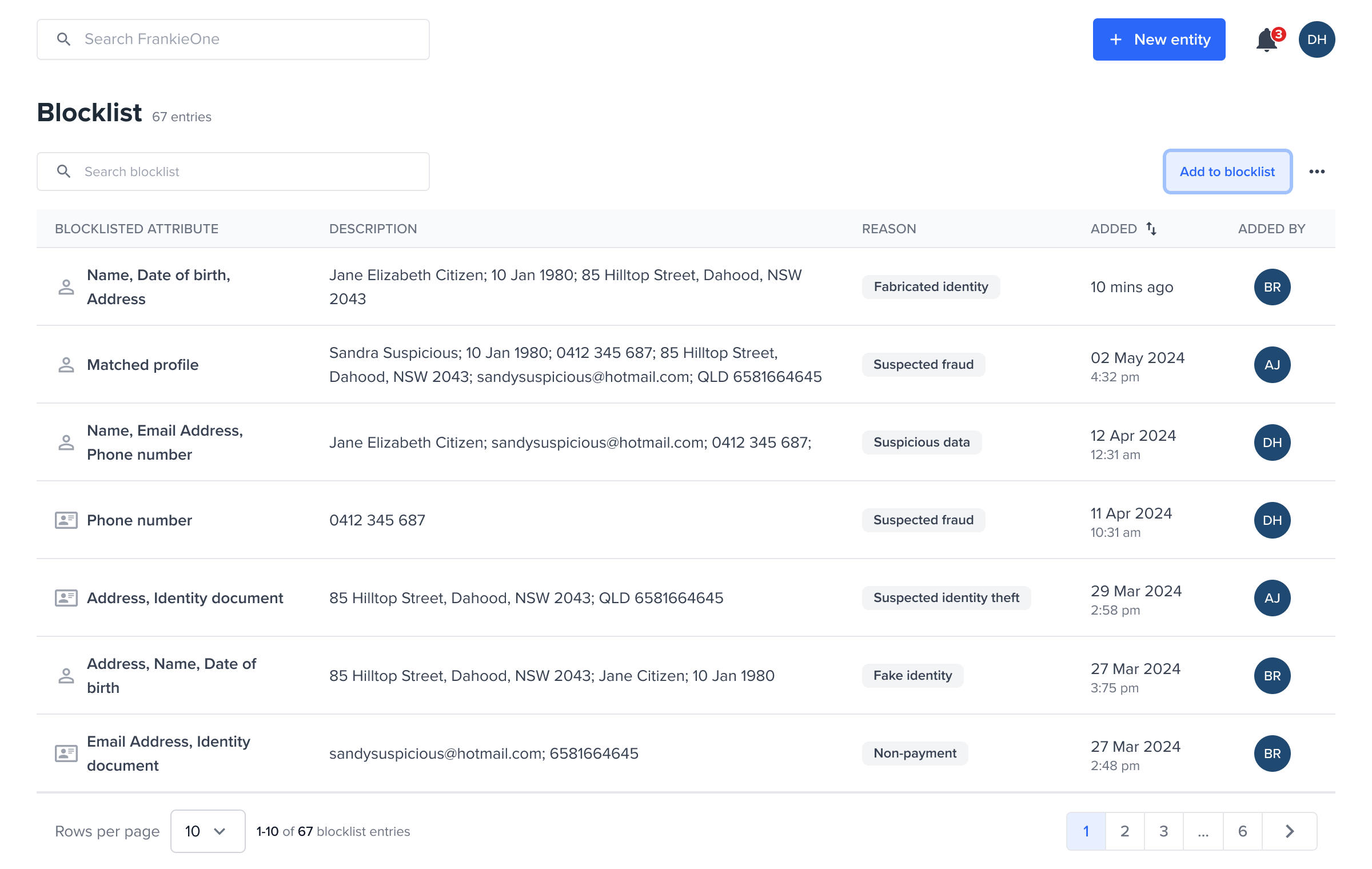 Manage Internal Blocklist (Blocklist entries) | FrankieOne | Documentation
