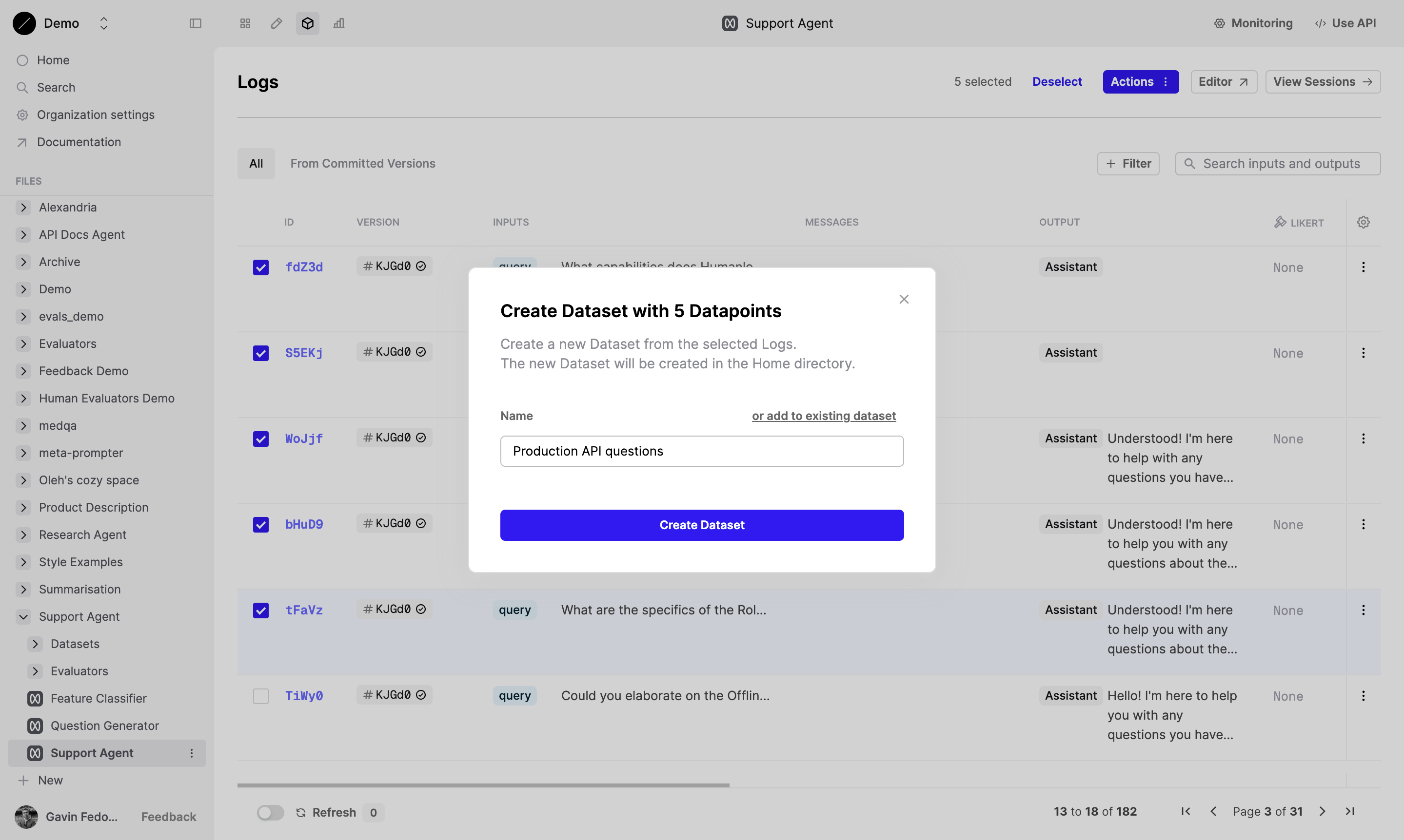 Create a Dataset from existing Logs | Humanloop Docs