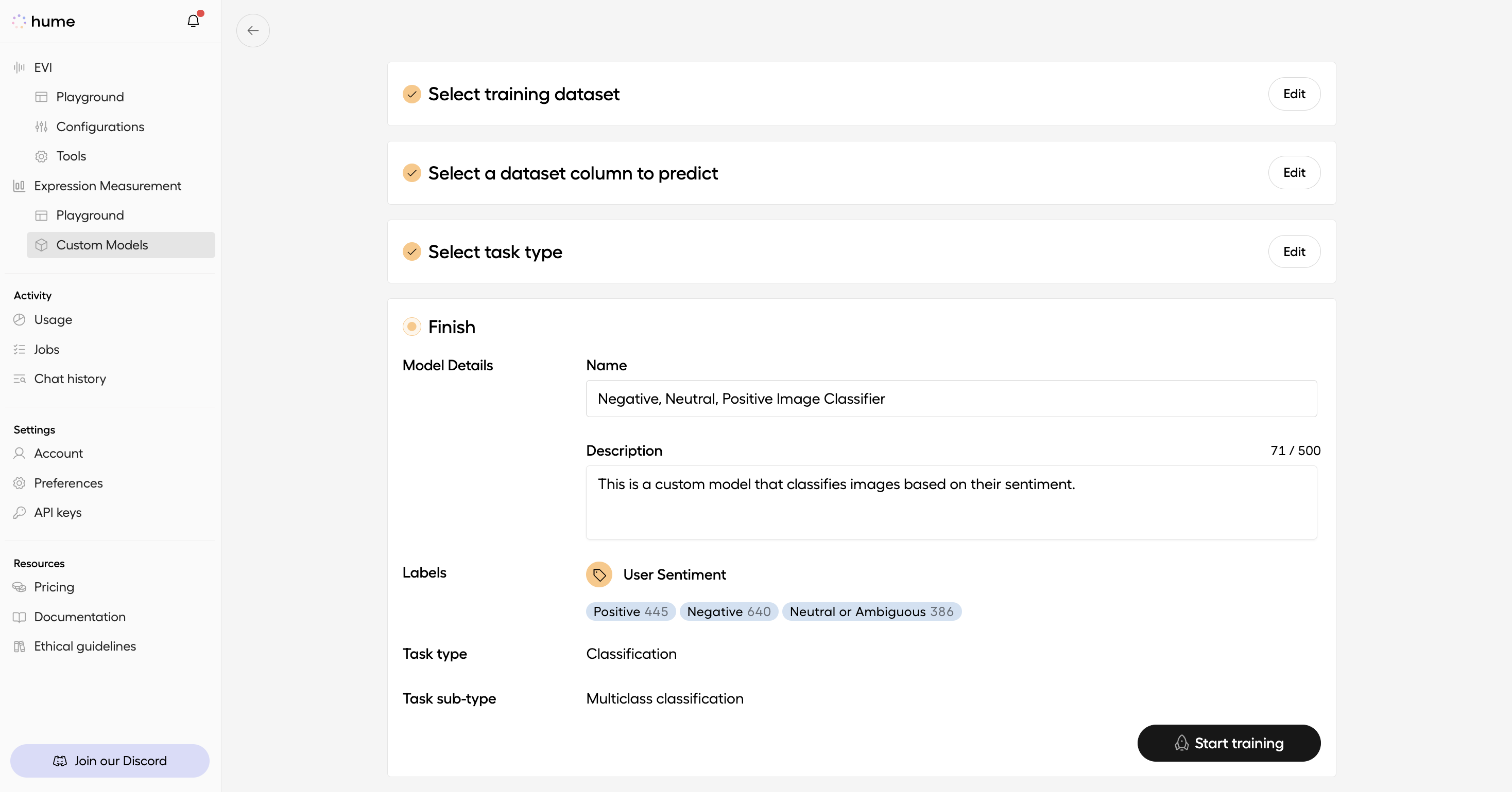 Training a custom model | Hume API